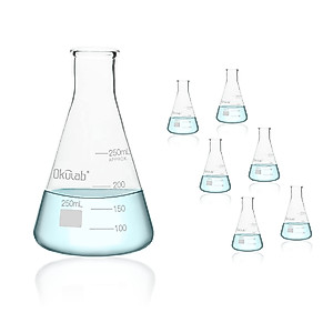 Okulab Conical Flask Set, 250mL Glass Erlenmeyer Flasks, Narrow Mouth, 3.3 Borosilicate Glass Conical Flask Set (case of 6) for Lab, Classroom, Craft, Kitchen,EFNG250A6
