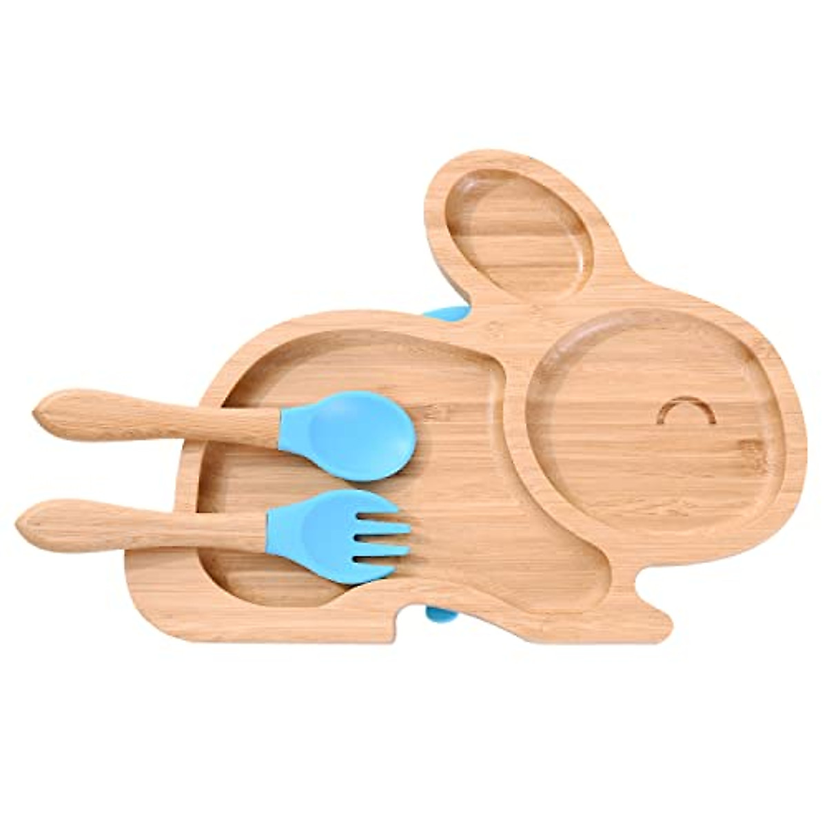 Rabbit Bamboo Suction Plate Bamboo Toddler Plates and Spoon Fork for Kids Self Feeding (blue)