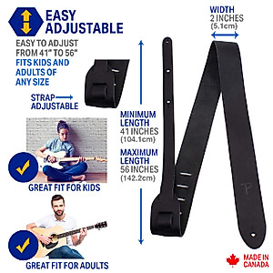 Perri&#039;s Leathers Ltd. - Buffalo Leather Guitar Strap - Adjustable Strap From 41″ to 56″ for Electric, Acoustic, Bass Guitar - for Kids &amp; Adults - Black (B20-177)