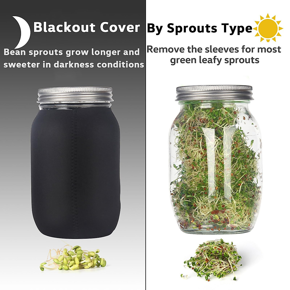 Complete Sprouting Jar Kit- 2 Wide Mouth Mason Jars with Premium 316 Stainless Steel Screen Lids, Blackout Sleeves,Tray, Stand - Seed Sprouter Set for Growing Broccoli, Alfalfa, Salad, Sandwich
