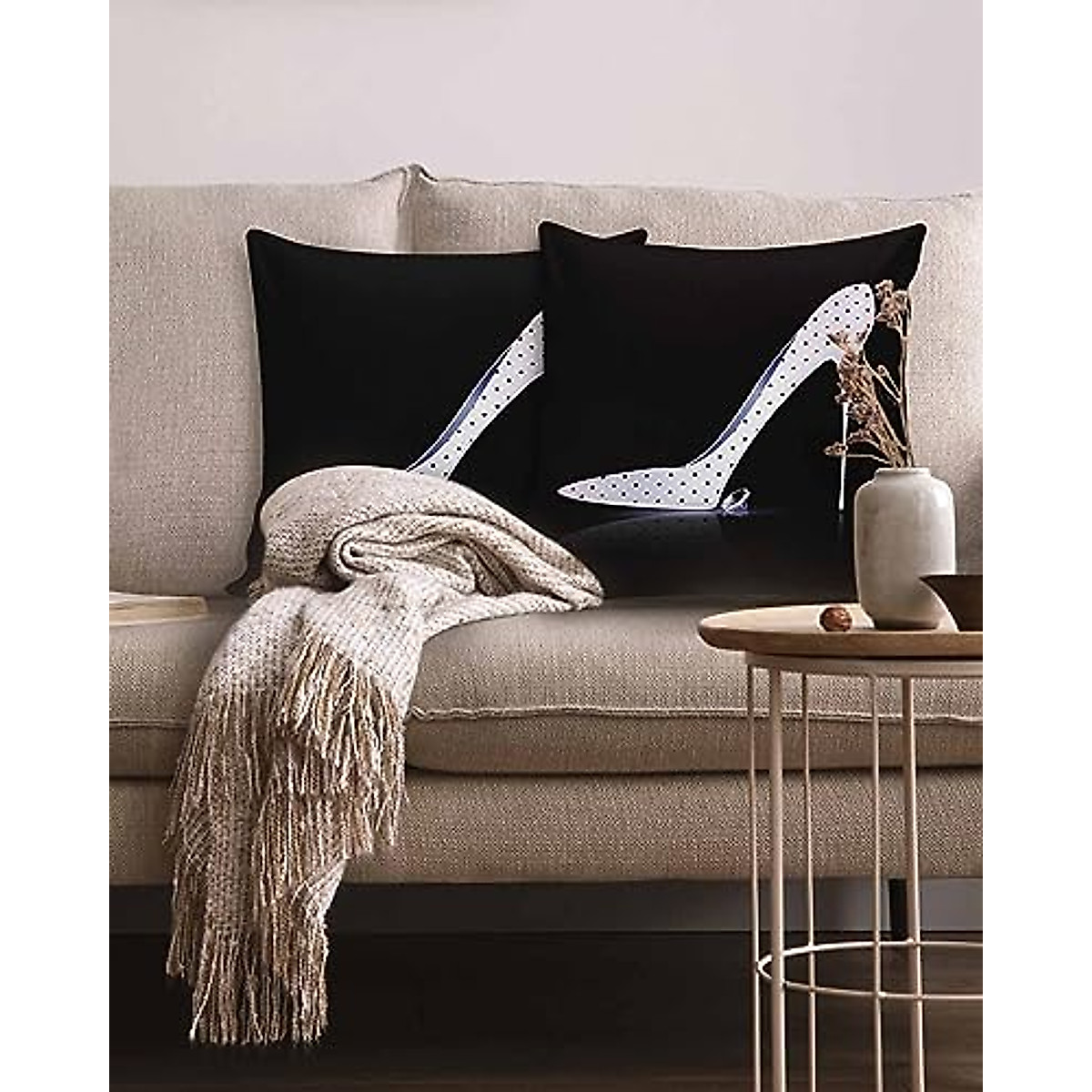2 Packs Decorative Cotton Throw Pillow Covers, Black White Dots High Heels 18 x 18 Inch Square Reversible Soft Cushion Case for Couch Bedroom Sofa Living Room Chair Car