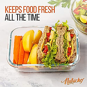 NutriChef 5-Piece 30 oz Glass Meal Prep Containers - Stackable BPA-Free Kitchen Storage Containers for Food with Improved Leakproof Snap Lock Lids - Dishwasher, Freezer, & Microwave Safe - Red