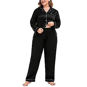SWOMOG Plus Size Pajamas Long Sleeve Pajama Set Silk Pj Set Button Down Sleepwear Bridesmaid Pjs Satin Pajama Set 18W Black