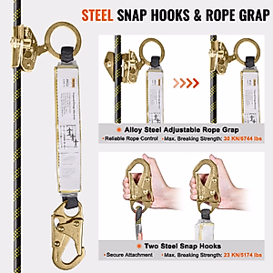 VEVOR Climbing Rope, Fall Protection Safety Rope, 25 50 100 150ft Vertical Tree Stand safety Rope Line Kit Safety Harness for Roofing Work with Alloy Steel Rope Grab, Two Snap Hooks, Shock Absorber.