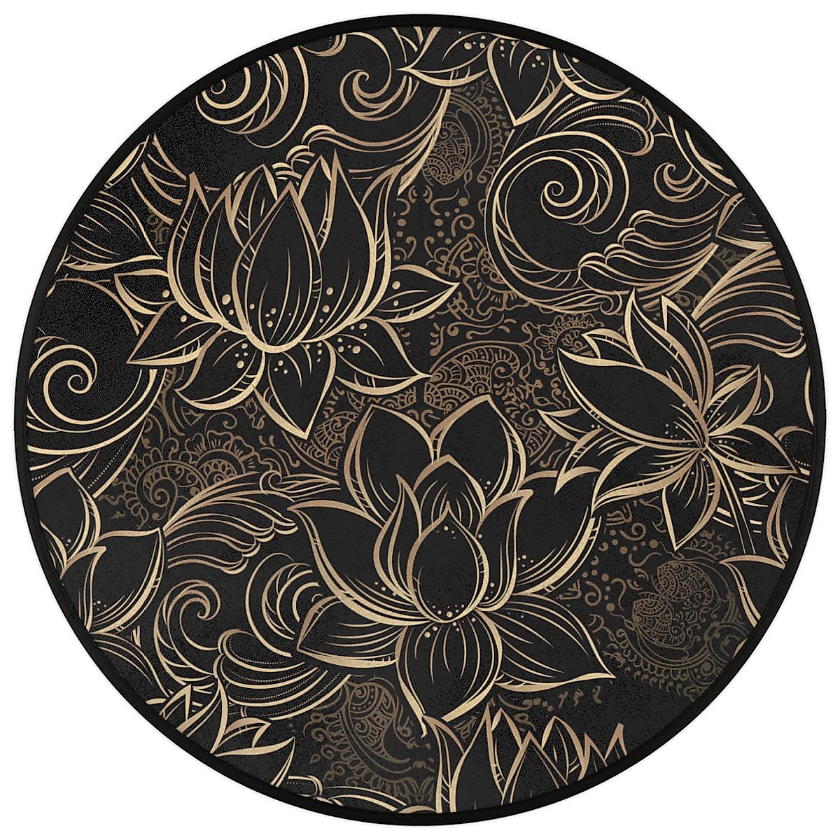 Luxurious Lotus Flower Round Rug 5.2Ft Black Non Slip Round Area Rug for Bedroom Living Room, Soft Throw Rugs Play Rug Circular Area Rugs Circle Playhouse Carpet