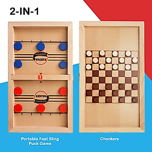 Kiditos 22.4" Fast Sling Puck Wooden Tabletop Hockey Game - 3 Levels, 2-4 Players, Slingshot Game for Family Game Night