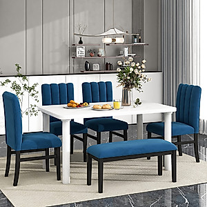 Voohek, White+Blue 6-Piece Rectangular Dining Table Set with Marble Veneer Rounded Corner Tabletop, 4 Flannelette Fabric Upholstered Chairs and 1 Bench, Solid Wood Kitchen Furniture for Family