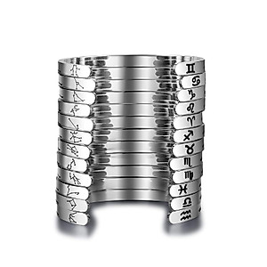 Silver Zodiac Cuff Bracelet Stainless Steel Engraving Size Adjustable Constellation Birthday Bracelet Gift for Women (Pisces)