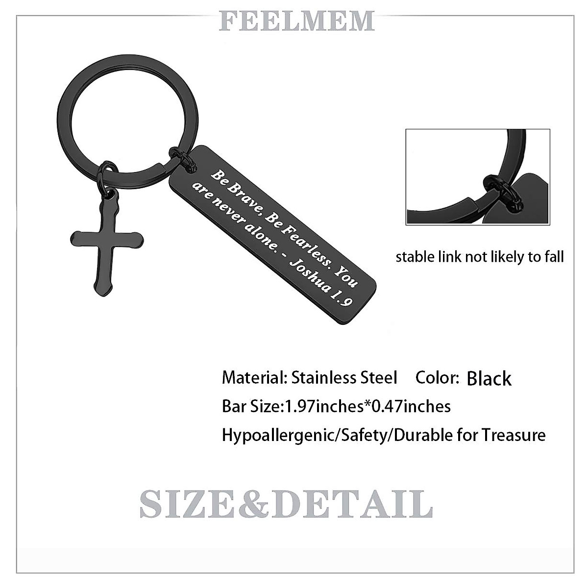 FEELMEM Christian Keychain Be Brave Be Fearless You Are Never Alone Joshua 1:9 Bible Verse Keychain Christian Religious Gift(black)