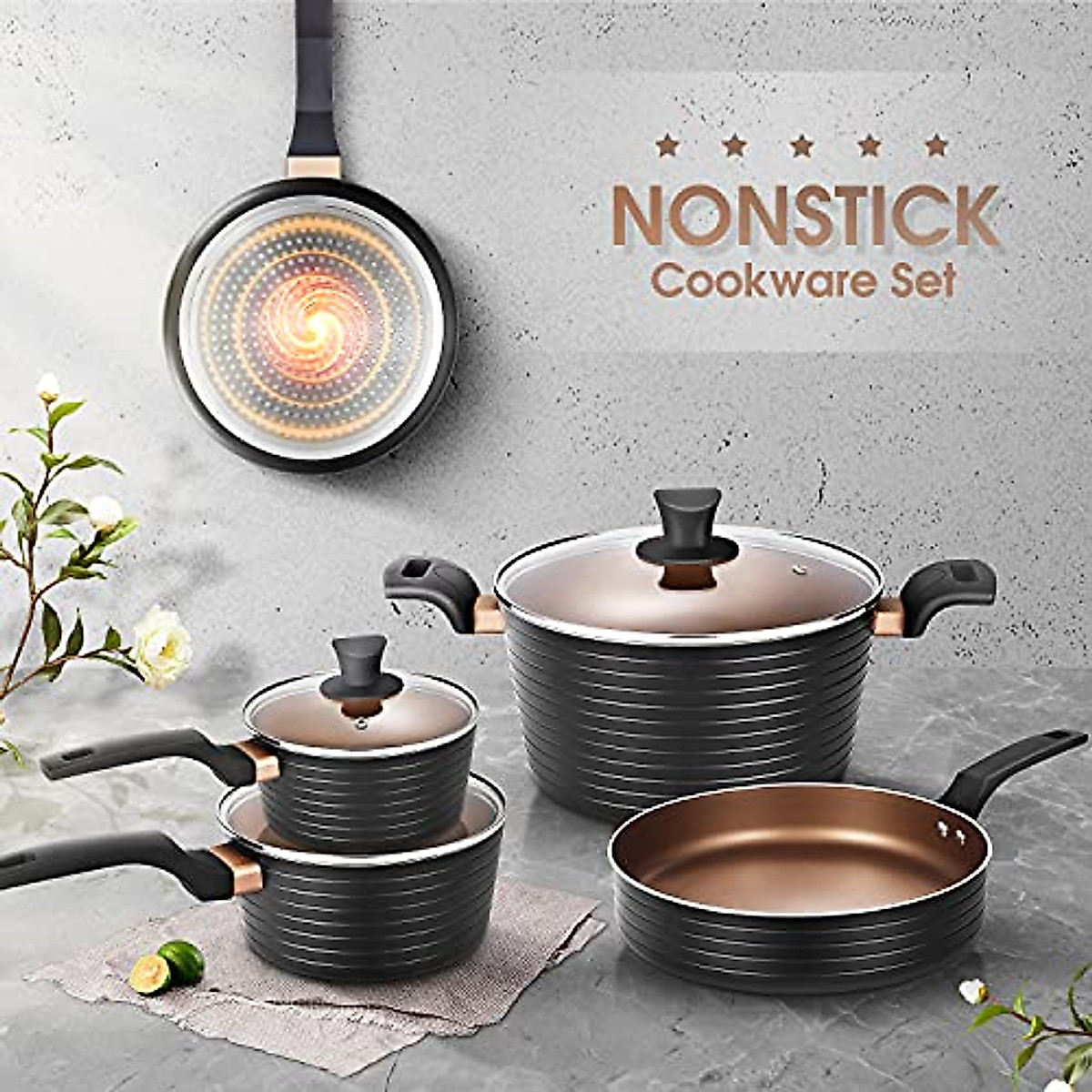 Pots and Pans Sets, Nonstick Cookware Set, Induction Pan Set, Chemical-Free Kitchen Sets, Saucepan, Frying Pan, Saute Pan, Black, 9 Pieces
