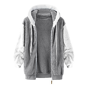 Oversized Fuzzy Fleece Jackets For Women Fashion 2023 Color Block Faux Fur Cardigan Coat Shaggy Warm Winter Outerwear womens coats and jackets Gray L