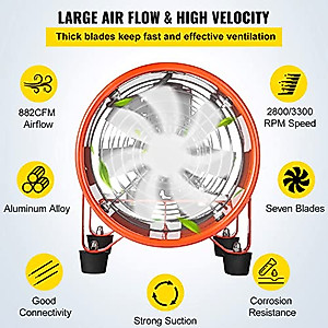 OrangeA Utility Blower Fan, 8 Inches, 230W 882 CFM High Velocity Ventilator w/ 32.8 ft/10 m Duct Hose, Portable Ventilation Fan, Fume Extractor for Exhausting & Ventilating at Home and Job Site