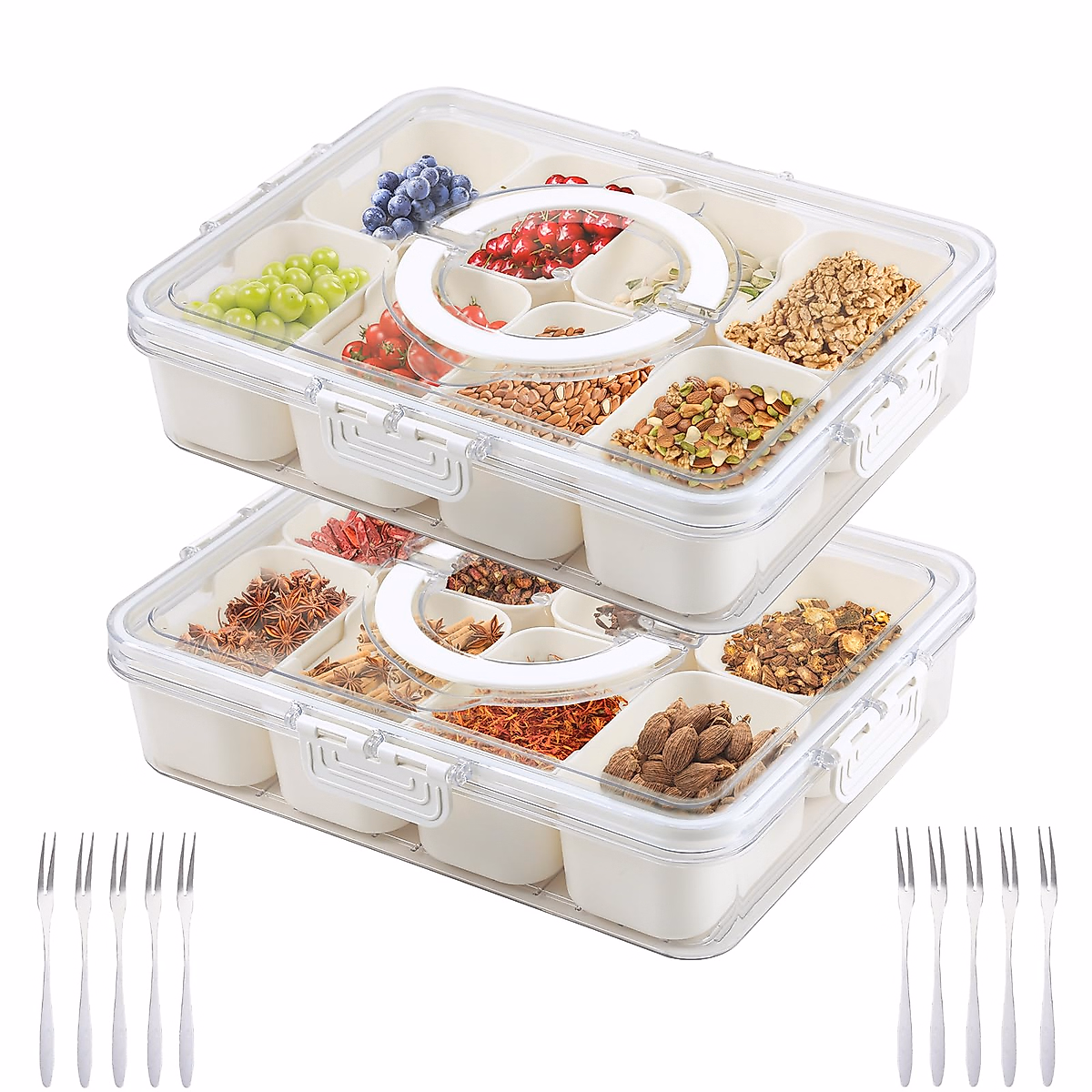 Uideyvi 2PCS Divided Serving box With Lid and Handle, Snack Containers With Dividers and Lids, Candy, Spices, Fruits (With 10 Fruit Forks), Snacks Storage Containers, Convenient to Carry Out.
