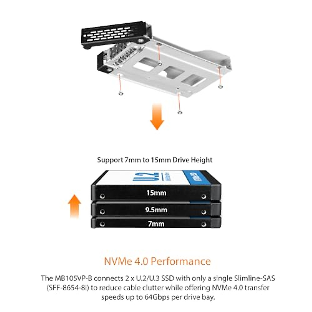 ICY DOCK ToughArmor MB105VP-B 2 x U.2 / U.3 NVMe PCIe 4.0 64Gbps SSD (up to 15 mm) to 1 x SlimSAS 8i (SFF-8654) Removable Frame Housing in 1 x 5.25 Inch Bay Black Complete Metal