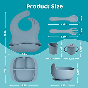 Silicone Baby Feeding Set - 14 Pack Baby Led Weaning Supplies for Toddlers, Infant First Stage Eating Set with Suction Plates & Bowls, Bibs, Water Cups, Snack Cups, Spoons and Forks (Blue & Green)