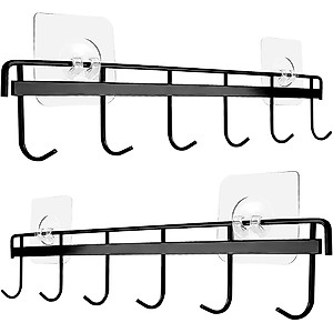 Nmgkokew 2Pcs Kitchen Utility Hooks,Wall Mount Kitchen Utensil Rack with 6 Hooks,Wall Mounted Rail,No Drilling Kitchen Utensil Holder,Space Saving Kitchen Wall Hooks for Kitchen Bathroom. (black)