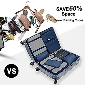 Packing cubes for essential travel - Set of 8 pcs of compression organizer for carry on suitcase, luggage mesh bags for accessories and clothing, laundry bag included (NAVY BLUE)