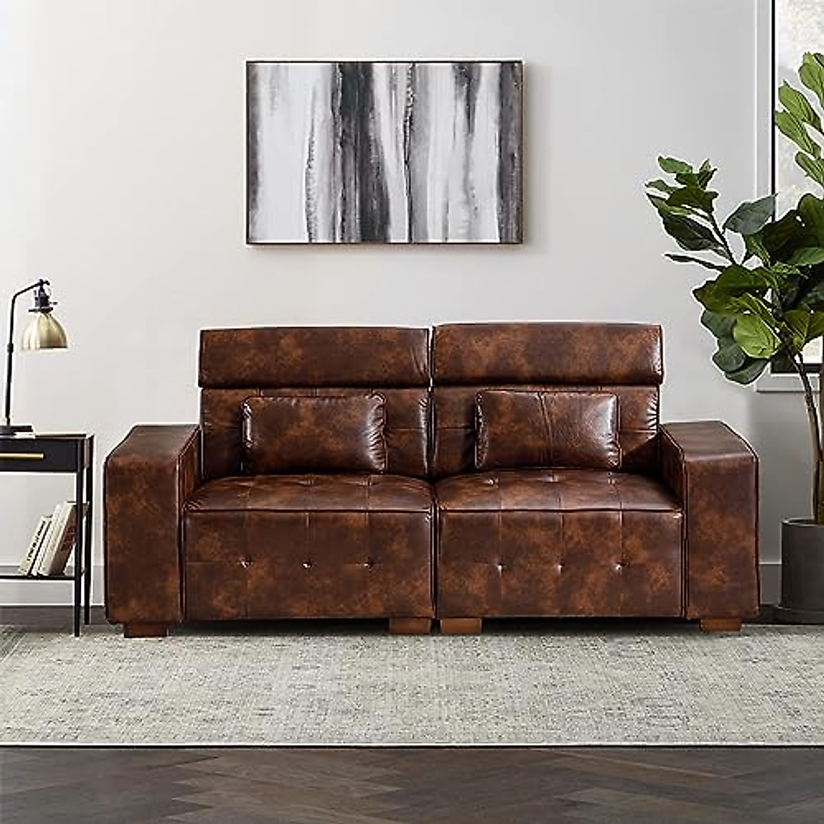 Oprisen 82”Modern Loveseat Sofa Couch for Livingroom Comfy PU Leather Loveseat Couch w/Adjust Headrest, Tufted Button Deep Seat Futon Set w/Wide Arm/Pillows for Apartment (PU-Brown)