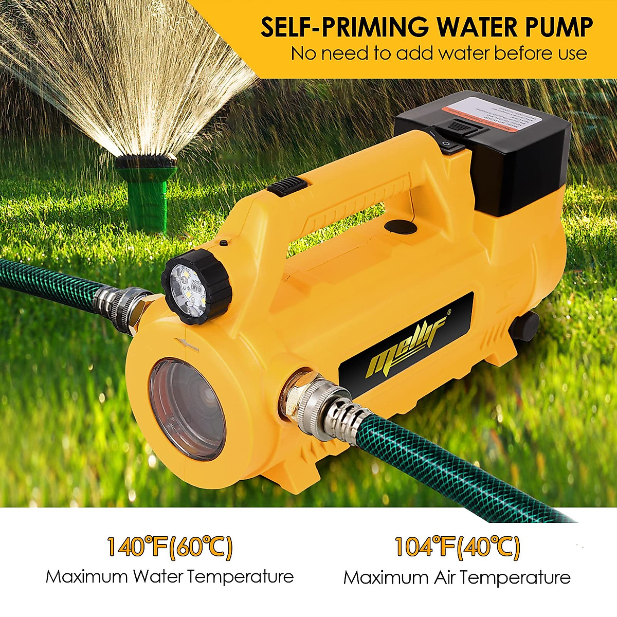 Mellif Cordless Transfer Pump for 20V Max Battery, Portable Self-priming Pump, Electric Utility Pump for Garden, Hot Tub, Tank, Pool, Ponds, Aquariums (Tool Only, No Battery)