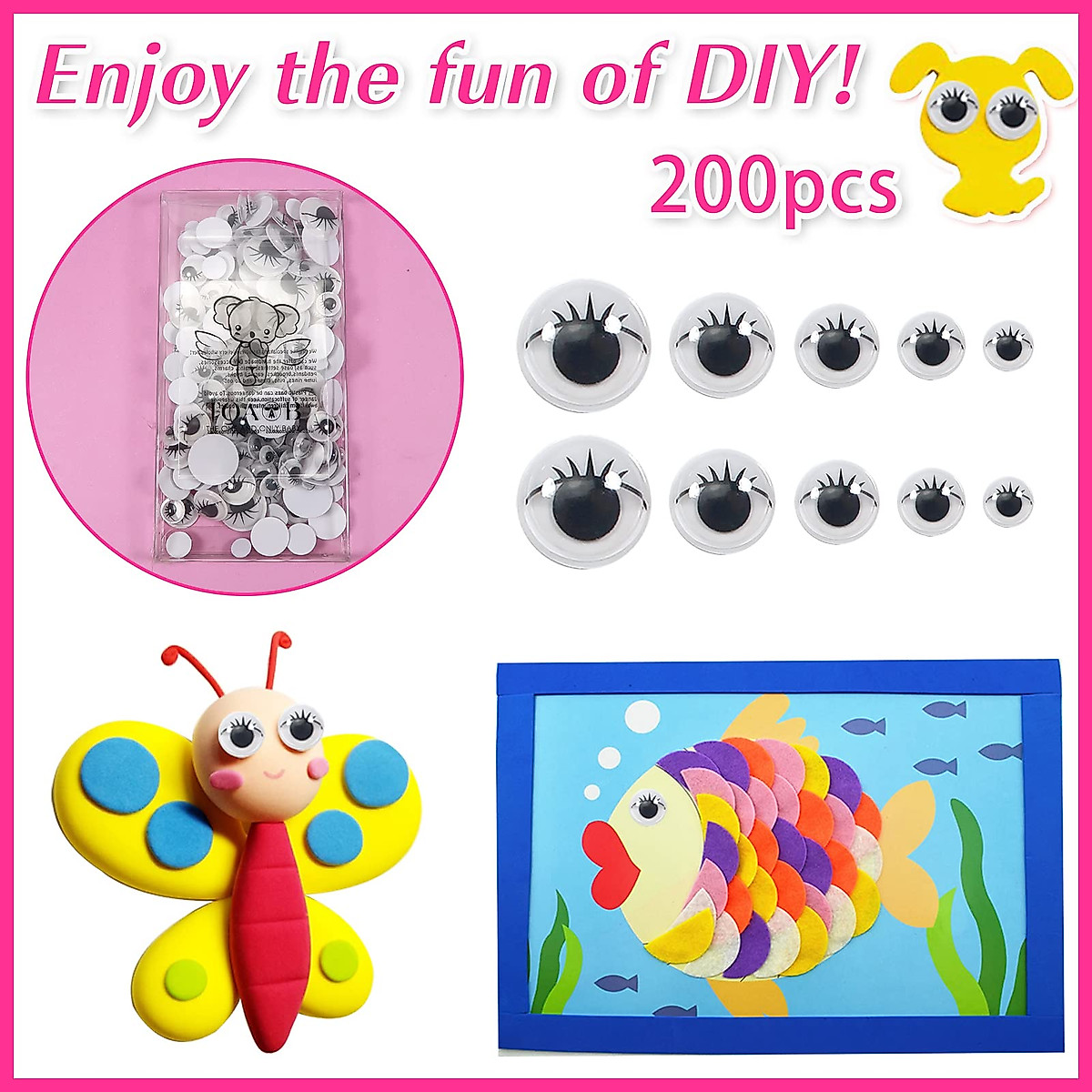 TOAOB 200pcs Black Wiggle Googly Eyes Self Adhesive with Eyelashes Round 8mm 10mm 12mm 15mm 20mm Plastic Sticker Eyes for DIY Crafts Scrapbooking Decoration