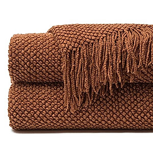 Chanasya Textured Knitted Rust Brown Throw Blanket with Tassels - Soft Bohemian Farmhouse Chic Accent Throws - Decorative for Sofa Couch Bed Living Room Camel Brown (50x65 Inch) Boho Cashew Blanket
