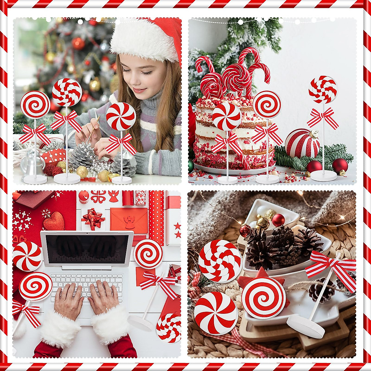 Amyhill 3 Pcs Christmas Candy Table Decor Wooden Christmas Tiered Tray Decor Red White Candy Centerpieces Xmas Tabletop Decorations Rustic Farmhouse Block Sign for Christmas Holiday Party Supplies