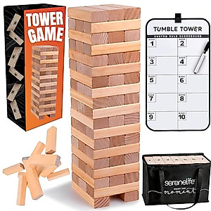 Serene Life 56 PCS Giant Tumble Tower Game - Non-Toxic Pine Wooden Stacking Timber Blocks Set with Zippered Carrying Bag, Book Scoreboard - Classic Jumbo Wood Block Outdoor Game for Kids and Adults