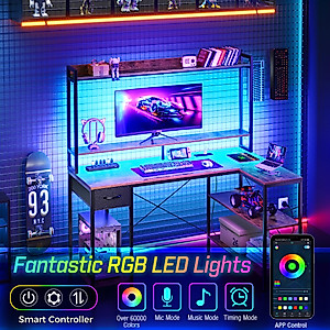 Seventable Gaming Desk with LED Light & Power Outlets, 47 inch Computer Desk with Shelves, Reversible L Shaped Desk with Monitor Stand, Corner Desk for Small Space, Rustic Brown