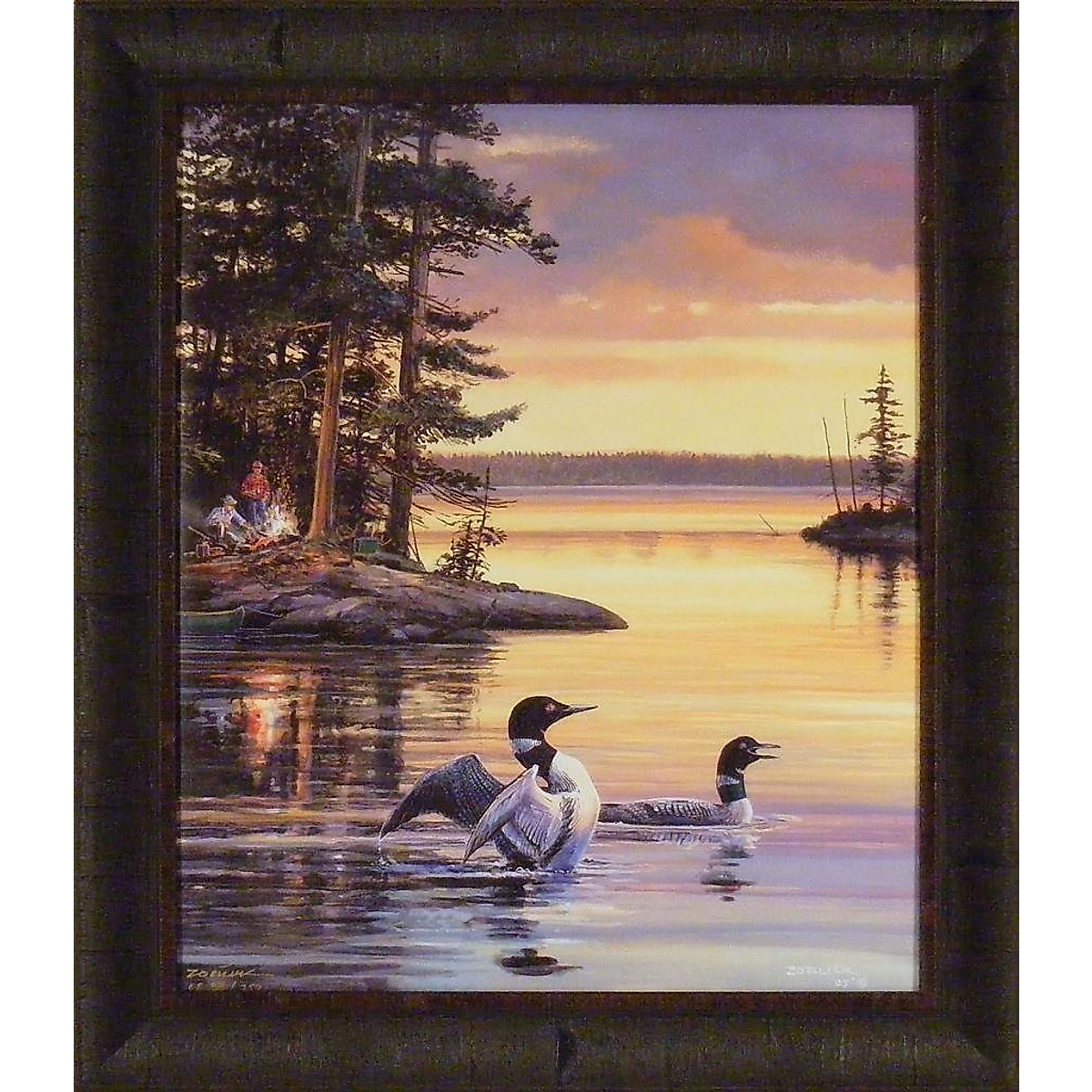 Home Cabin Décor Inspiration Point by Scott Zoellick 22x26 S/N Lake Campfire Canoe Loons Sunset Framed Art Print Picture