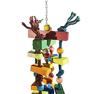 Bird Chew Toy SKWAKOCO. The Size 18" Multicolored Natural Wooden Blocks, Beads and Natural 100% Hemp Rope. Toy is Suggested for Large and Medium Parrot