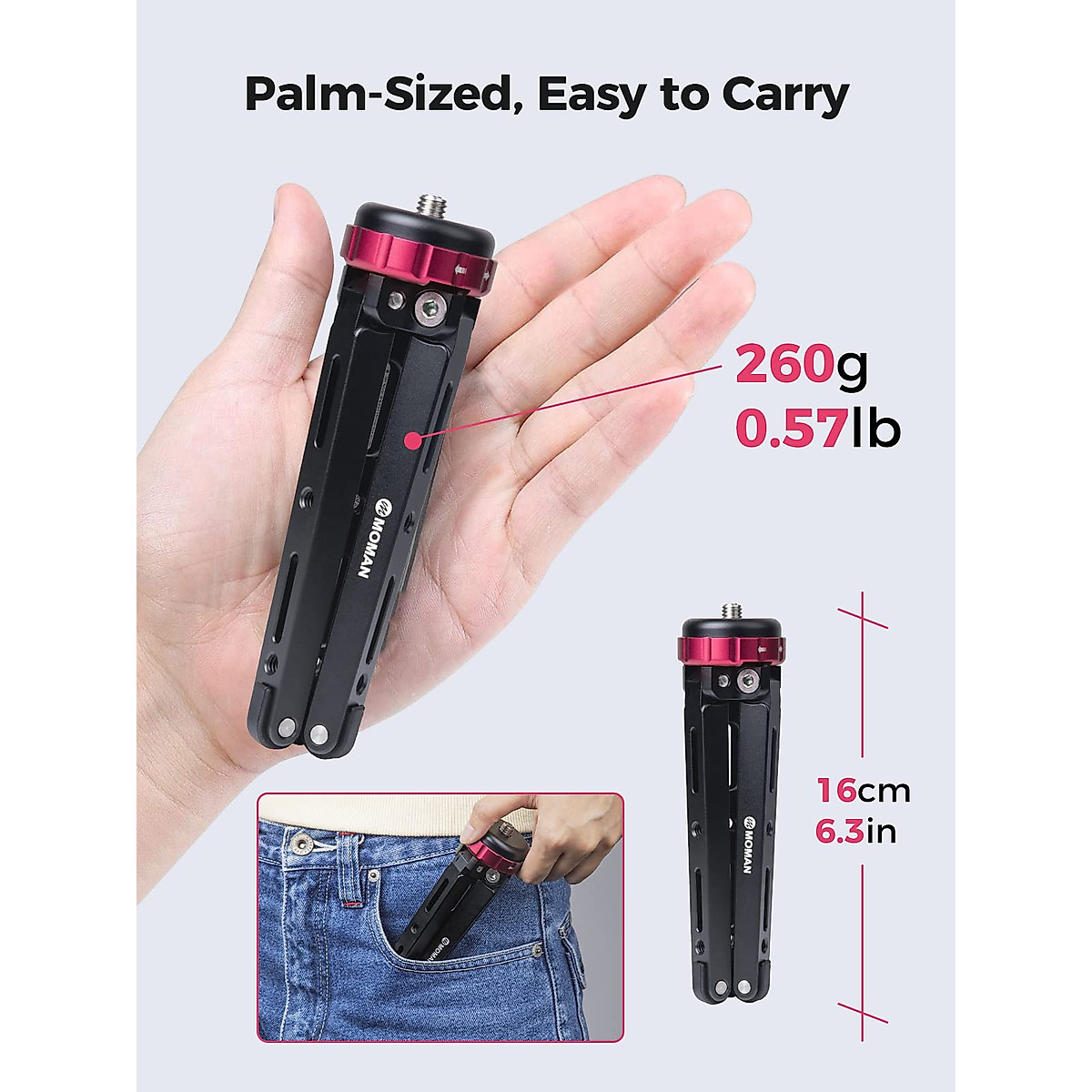 Mini Camera Tripod, Moman Tabletop Short Tripod Desktop TR01 with 1/4 and 3/8 Screw Mount and Function Leg CNC Aluminum Tripod for DSLR Camera/GoPro/Video/Camcorder, Max Payload of 176 Lbs/80Kg, Red