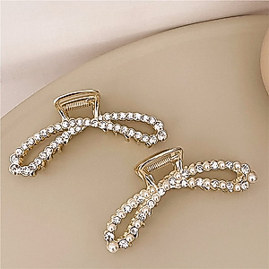 Pearl Rhinestone Hair Clips, Sinide 3 Pack Large Crystal Gold Metal Hair Catch Barrette Jaw Clamp Non-Slip French Hair Claws Strong Hold Hair Accessories for Women, Lady, Girls