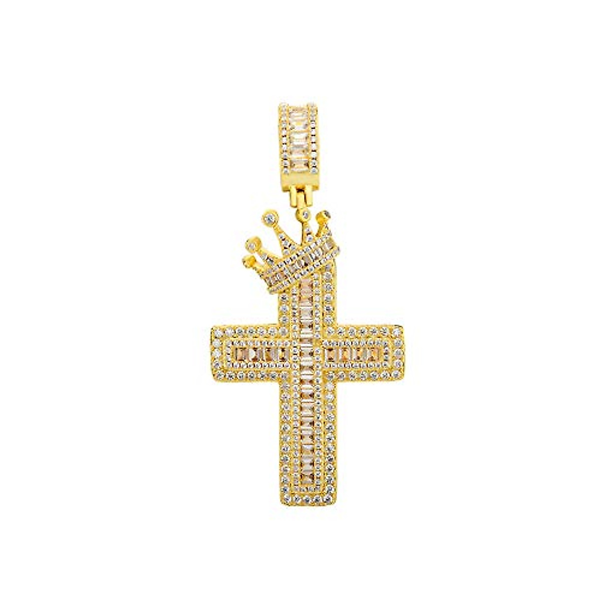 Shop-iGold Baguette King Cross Men Women 925 Italy Gold Finish Iced Silver Charm Ice Out Pendant Stainless Steel Real 2 mm Rope Chain Necklace, Cross Necklace, Cross Chain (20" Chain and Pendant Set)