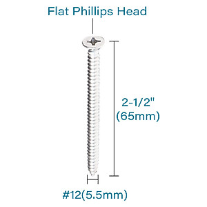 IMSCREWS Cabinet Screws #12 x 2-1/2" Flat Head Phillips Wood Screws 50pcs, Self Tapping 18/8 Stainless Steel Sheet Metal Screws for Indoor and Outdoor Wooden Working