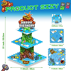 3-Tier Pixel Game Style Cupcake Stand,Mining Birthday Party Decoration Cardboard Cupcake Stand, Dessert Holder Display for Birthday Party Supplies