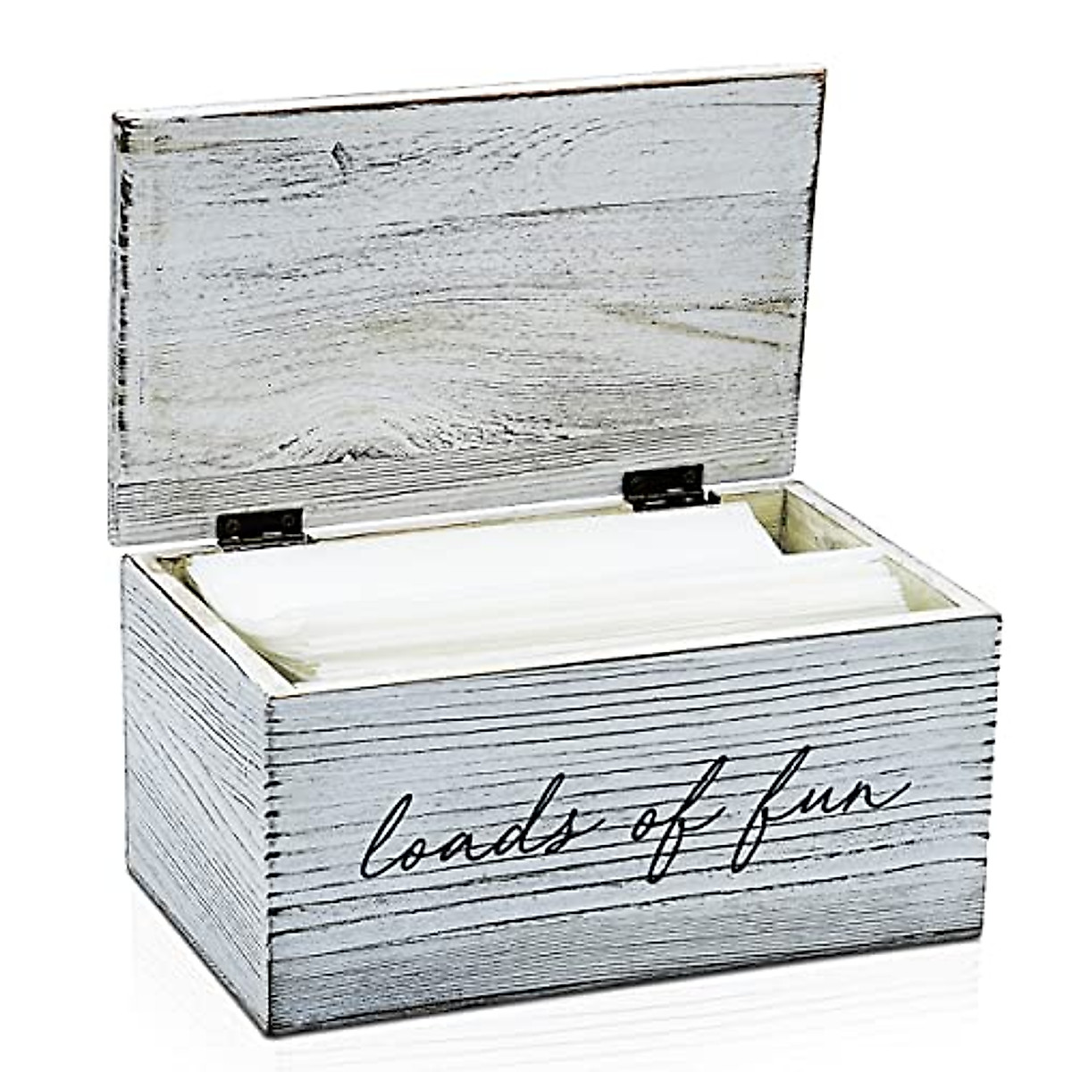 Queen and Oak Dryer Sheet Holder - Rustic Farmhouse Wooden Box with Hinged Lid Dispenser for All Fabric Softener Sheets High Capacity Laundry Room Decor Grayish White 8*4.8*4 inch