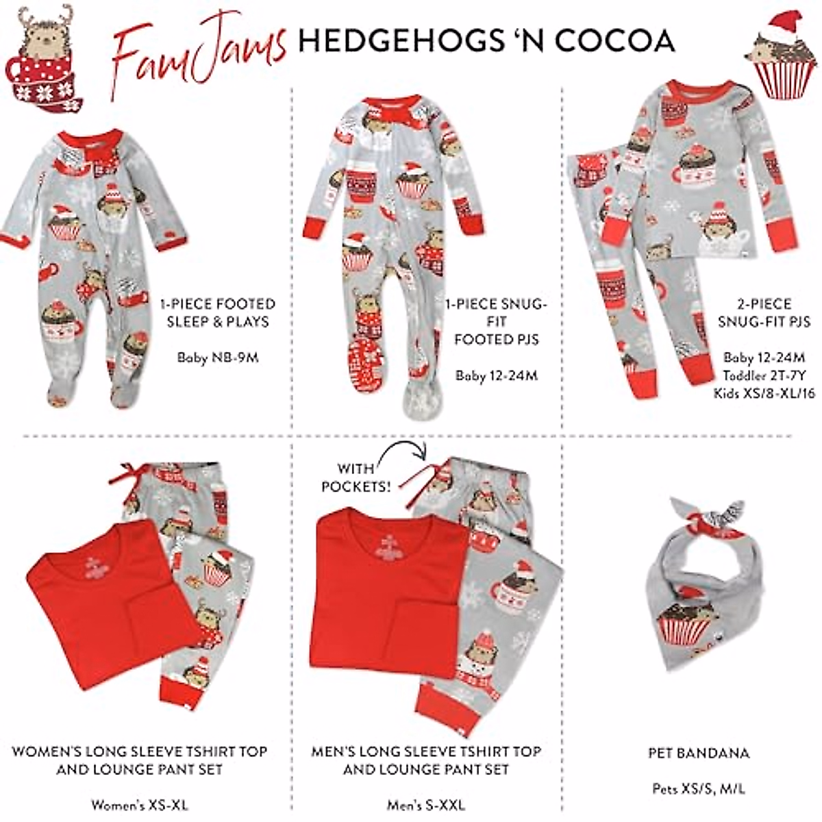 HonestBaby 2-Piece Family Matching Holiday Pajamas Organic Cotton for Men, Women, Kids, Toddlers, Baby Boys, Girls, Unisex Pets, Hedgehog N Cocoa