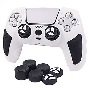 CHIN FAI PS5 Controller Grip Cover, Anti-Slip Silicone Skin Protective Cover Case for PlayStation 5 DualSense Wireless Controller with 6 Thumb Grip Caps (White-Black)