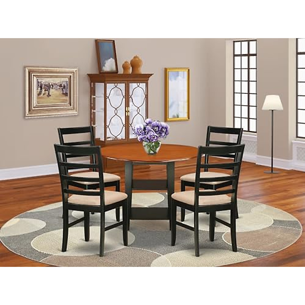 East West Furniture SUPF5-BCH-C 5 Piece Kitchen Table & Chairs Set Includes a Round Dining Table with Dropleaf & Shelves and 4 Linen Fabric Dining Room Chairs, 42x42 Inch, Black & Cherry