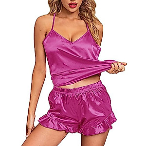 FERDAT Women's Silk Pajamas Set Satin Ruffle Lingerie 2 Piece Pjs Cami Top and Shorts Sleepwear Rose