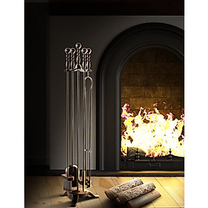 COMFYHOME 5-Piece Fireplace Tools Set 32'', Heavy Duty Wrought Iron Fire Place Tool w/Long Fire Poker, Shovel, Tongs, Brush, Stand for Outdoor Indoor Chimney,Stove, Fire Pit Easy to Assemble,Black