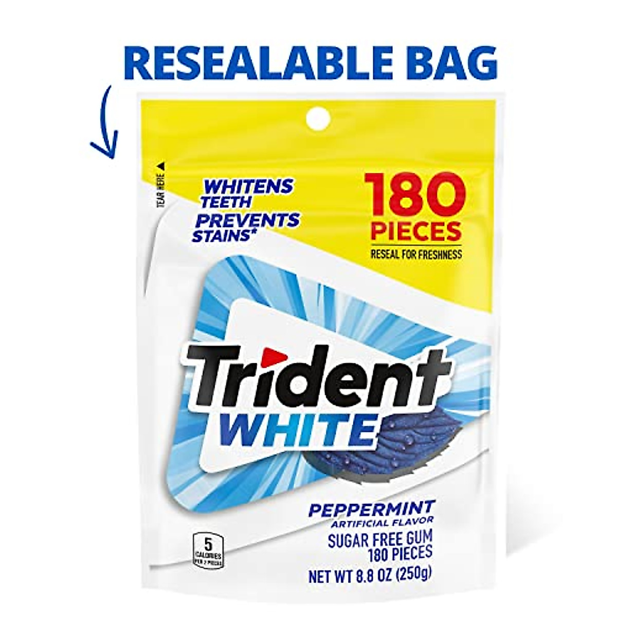 Trident White Sugar Free Gum, Peppermint, 180 Count (Packaging May Vary)