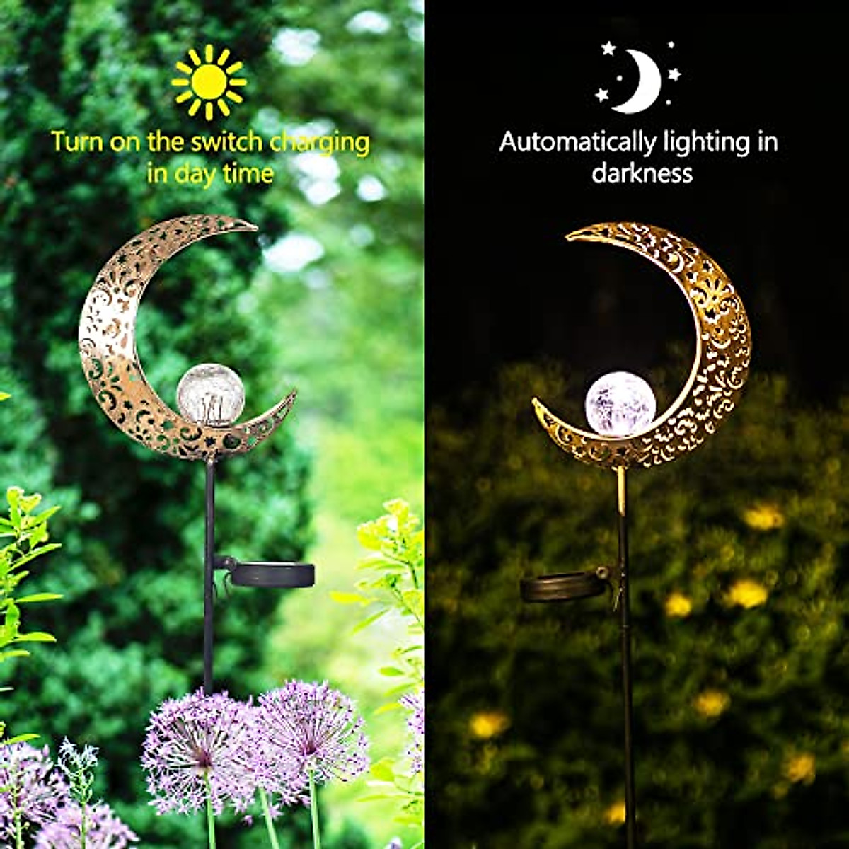 Edeco Outdoor Solar Lights Garden, Moon Crackle Glass Globe Stake Metal Waterproof  LED Lights for Pathway, Lawn, Patio, Yard