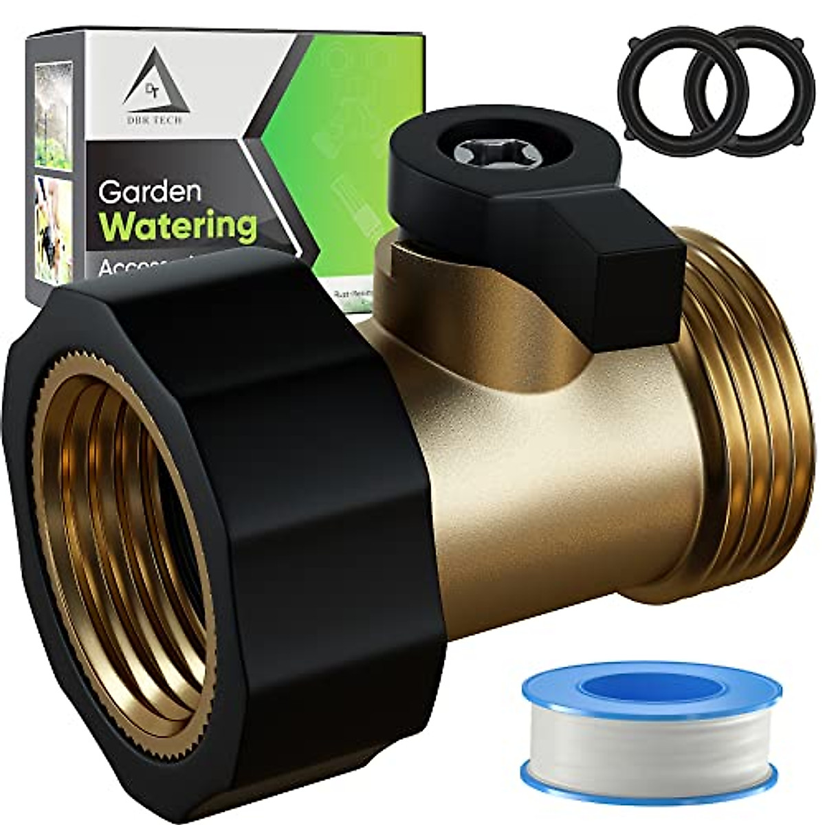 DBR Tech Heavy Duty Brass Shut Off Valve, Garden Connector Attachment with Rubber Washers for Outdoor Lawn and Gardening Hoses, Leak Resistant Threading, 3/4 Inch