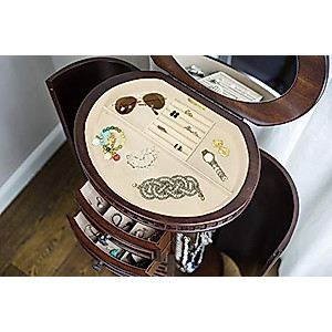 Hives and Honey Bailey Oval Standing Jewelry Armoire Cabinet, Jewelry Storage Organizer with Mirror Lid, Side Doors, 7 Drawers, Jewelry Chest, Jewelry Box for Necklaces, Earrings, Bracelets, Walnut