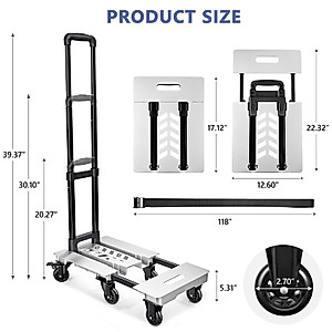 KEDSUM Aluminum Panel Folding Hand Truck Dolly, 90 & 135° Foldable Dolly Cart, Heavy Duty Luggage Cart, Platform Cart Utility Cart with 6 Wheels & 2 Lashing Straps for Moving, Travel, Shopping Use
