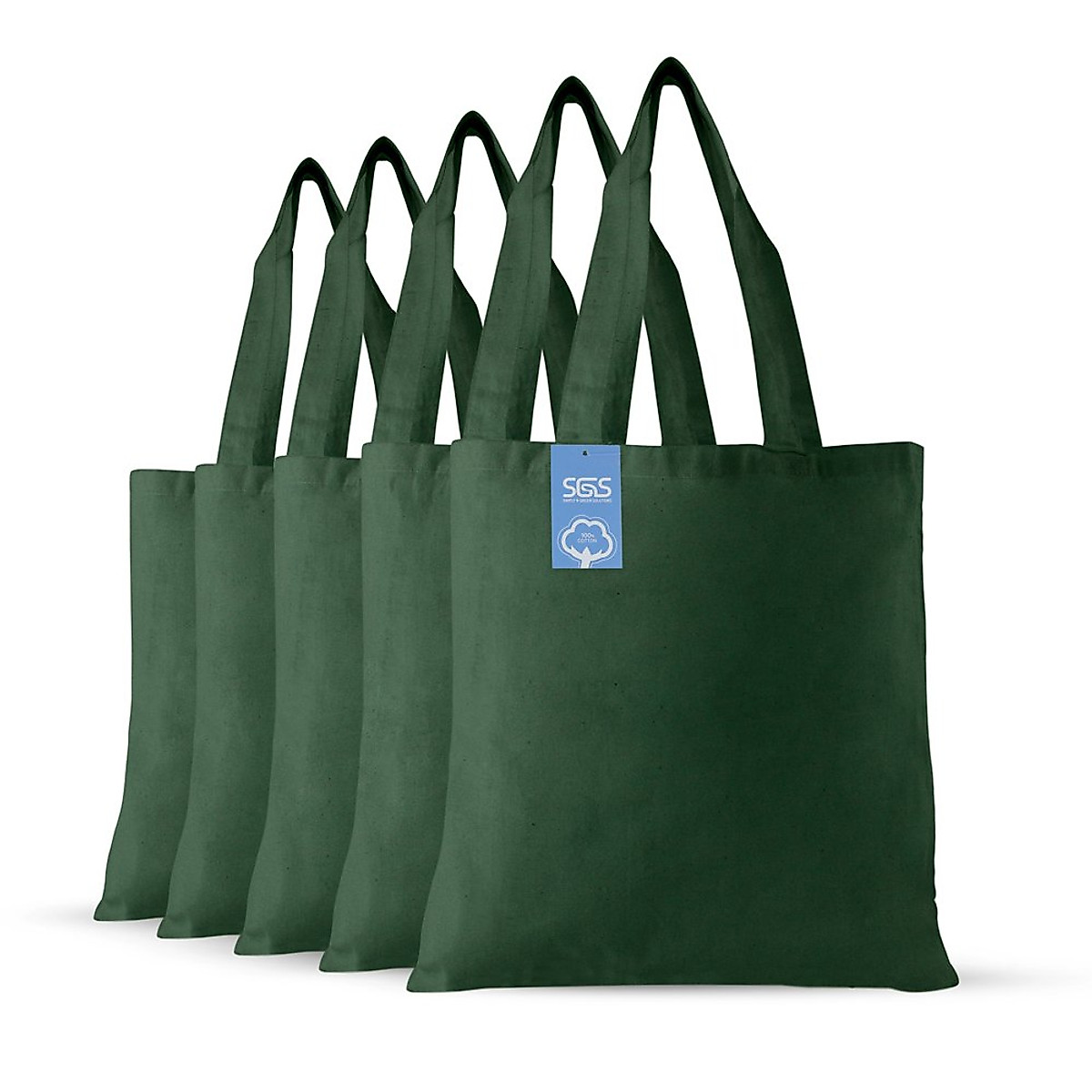 Simply Green Solutions Reusable Cotton Cloth Grocery Craft Bag, 15 x 16 Reusable Tote with Handle, Pack of 5, Forest Green