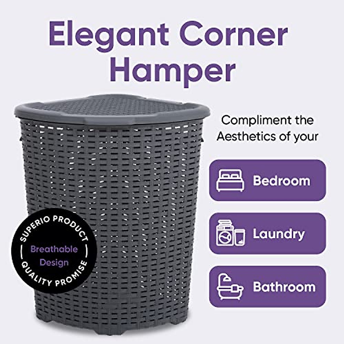 Plastic Corner Laundry Hamper with Lid, Curved Designed Laundry Basket, 2 Pack Triangle Grey Cloths Hamper Organizer with Cut-out Handles for Laundry Room Bedroom Bathroom, Wicker Design, 50 Liter
