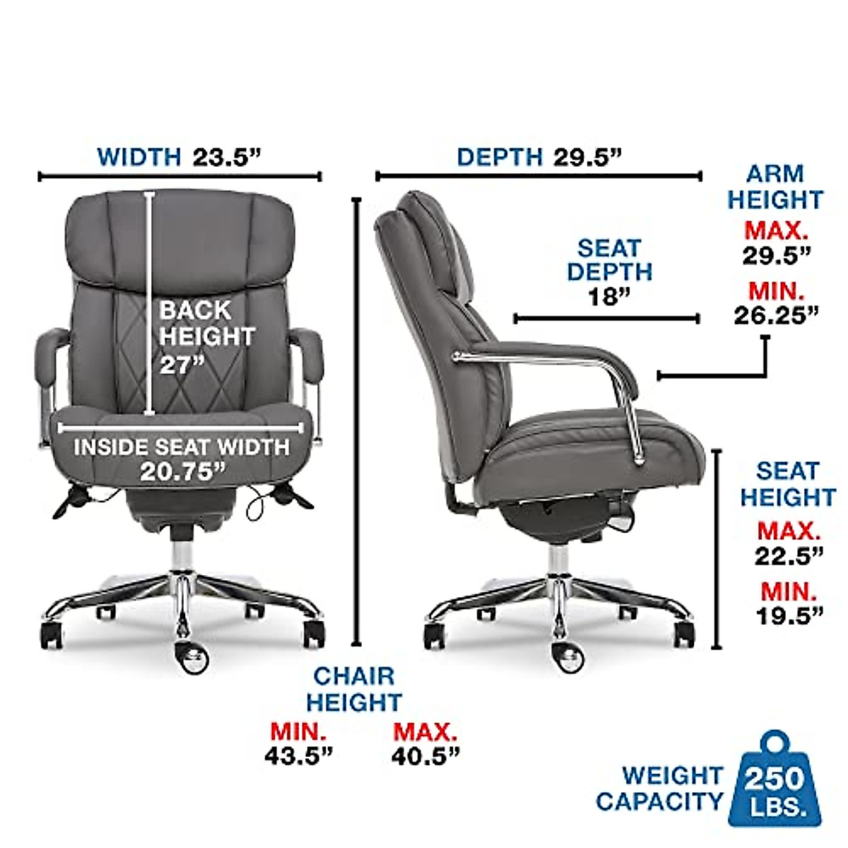 La-Z-Boy Sutherland Quilted Leather Executive Office Chair with Padded Arms, High Back Ergonomic Desk Chair with Lumbar Support, Grey Bonded Leather