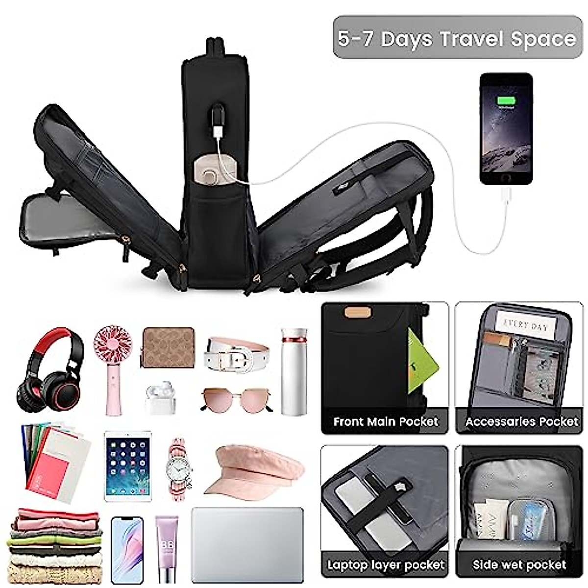 Large Travel Backpack, TSA Flight Approved Carry On Backpack for Men & Women, Large Daypack Hiking Backpack with USB Charging Port, Lightweight Daypack Business College Weekender Overnight Bag